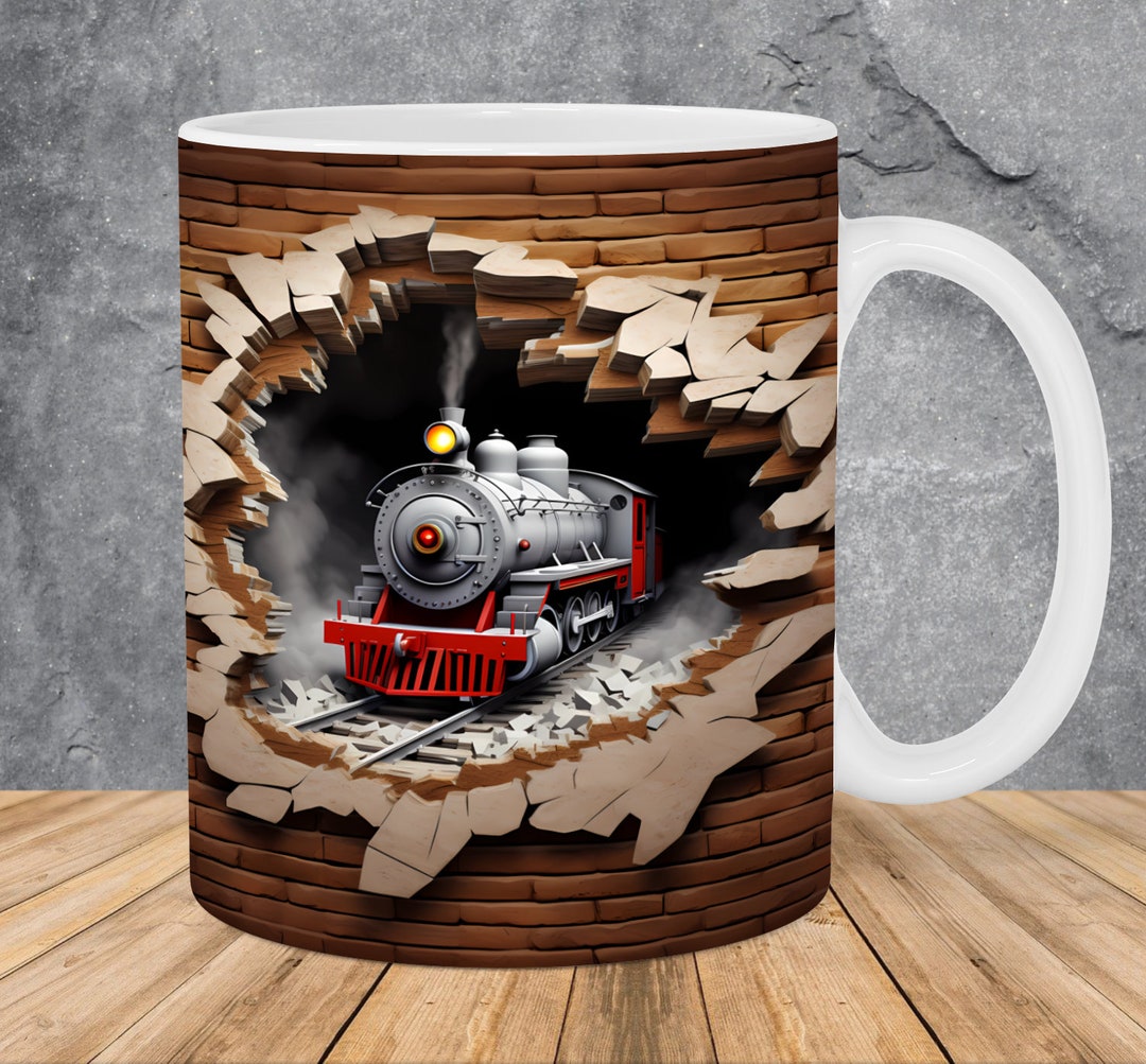 3D Train Hole in A Brick Wall Mug Wrap 11oz & 15oz Mug Template, 3D Mug ...