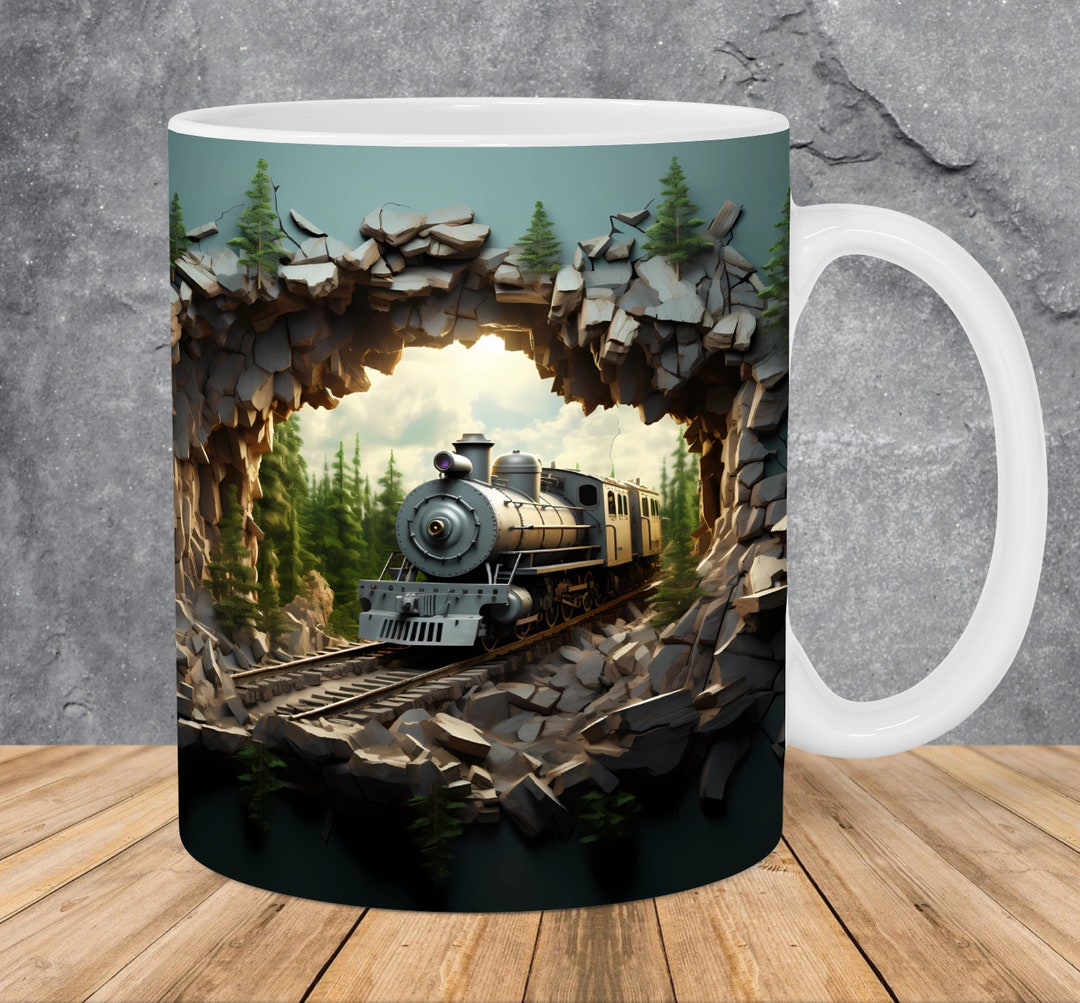 3D Train Forest Hole in A Wall Mug Wrap 11oz & 15oz Mug Template, 3D ...