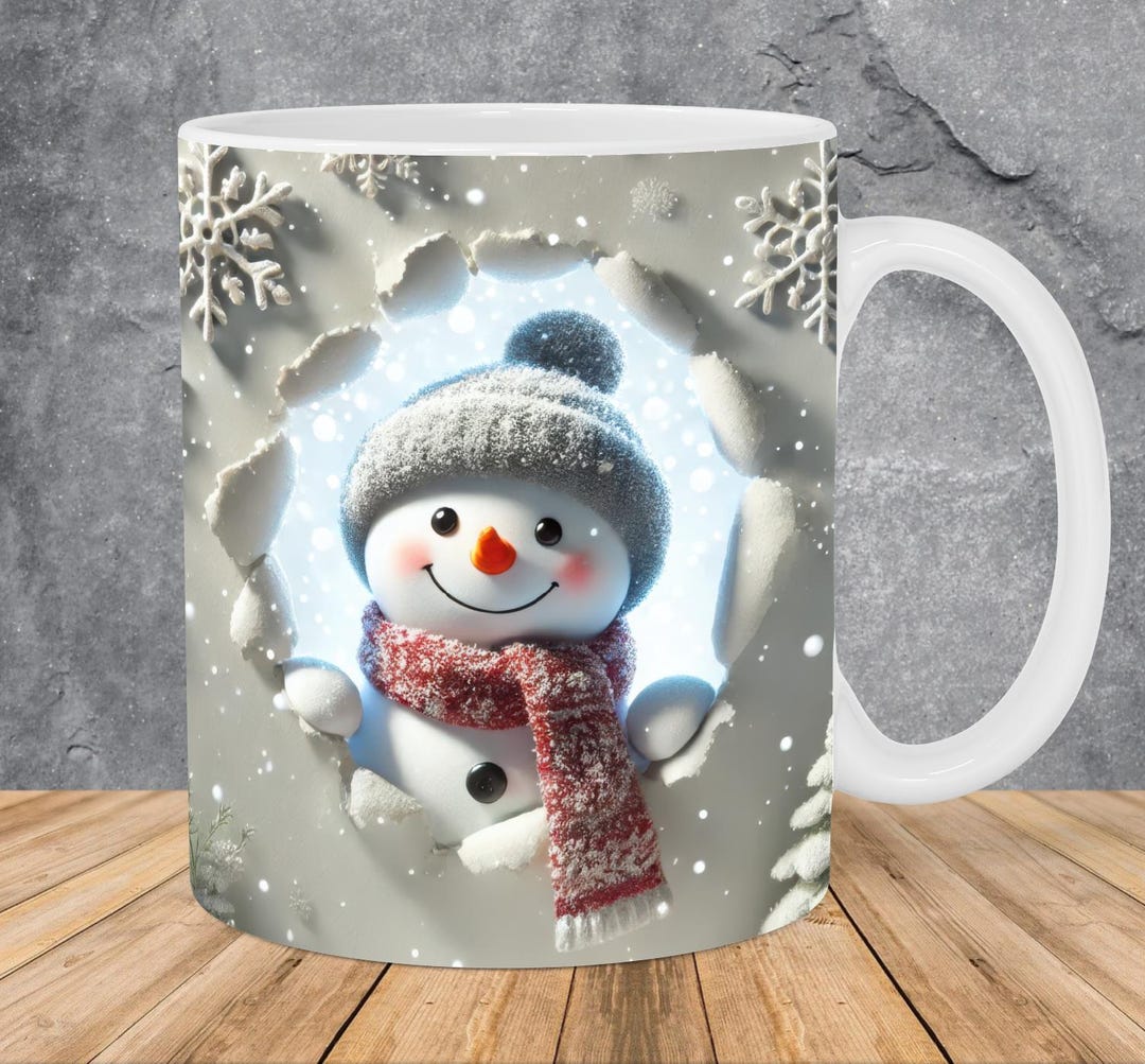 3D Snowman Hole in A Wall Mug Wrap 11oz & 15oz Mug Template, 3D Winter ...