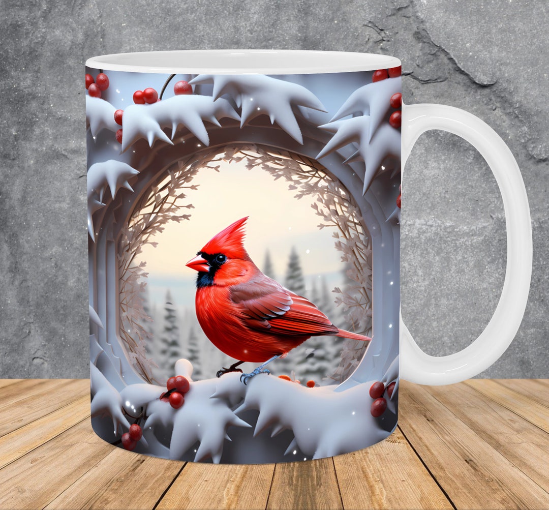 3D Winter Red Cardinal Bird Mug Wrap 11oz & 15oz Mug Template, 3D Mug ...