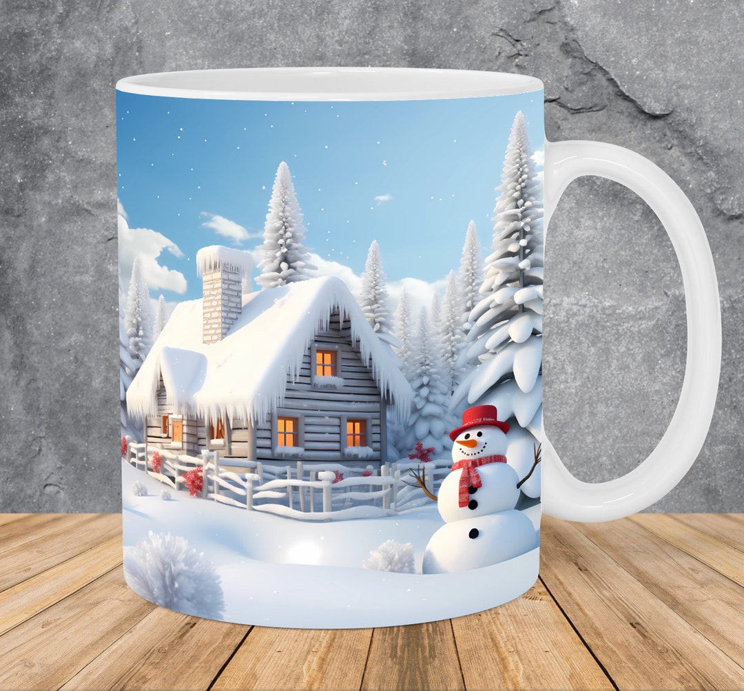 3D Winter House Snowman Mug Wrap 11oz & 15oz Mug Template, 3D Winter ...