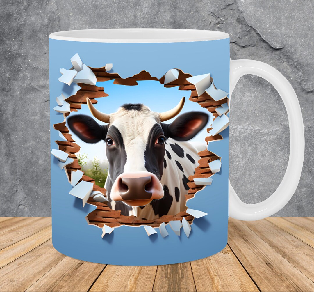 3D Cow Hole in Blue Wall Mug Wrap 11oz & 15oz Mug Template, Animal Mug ...