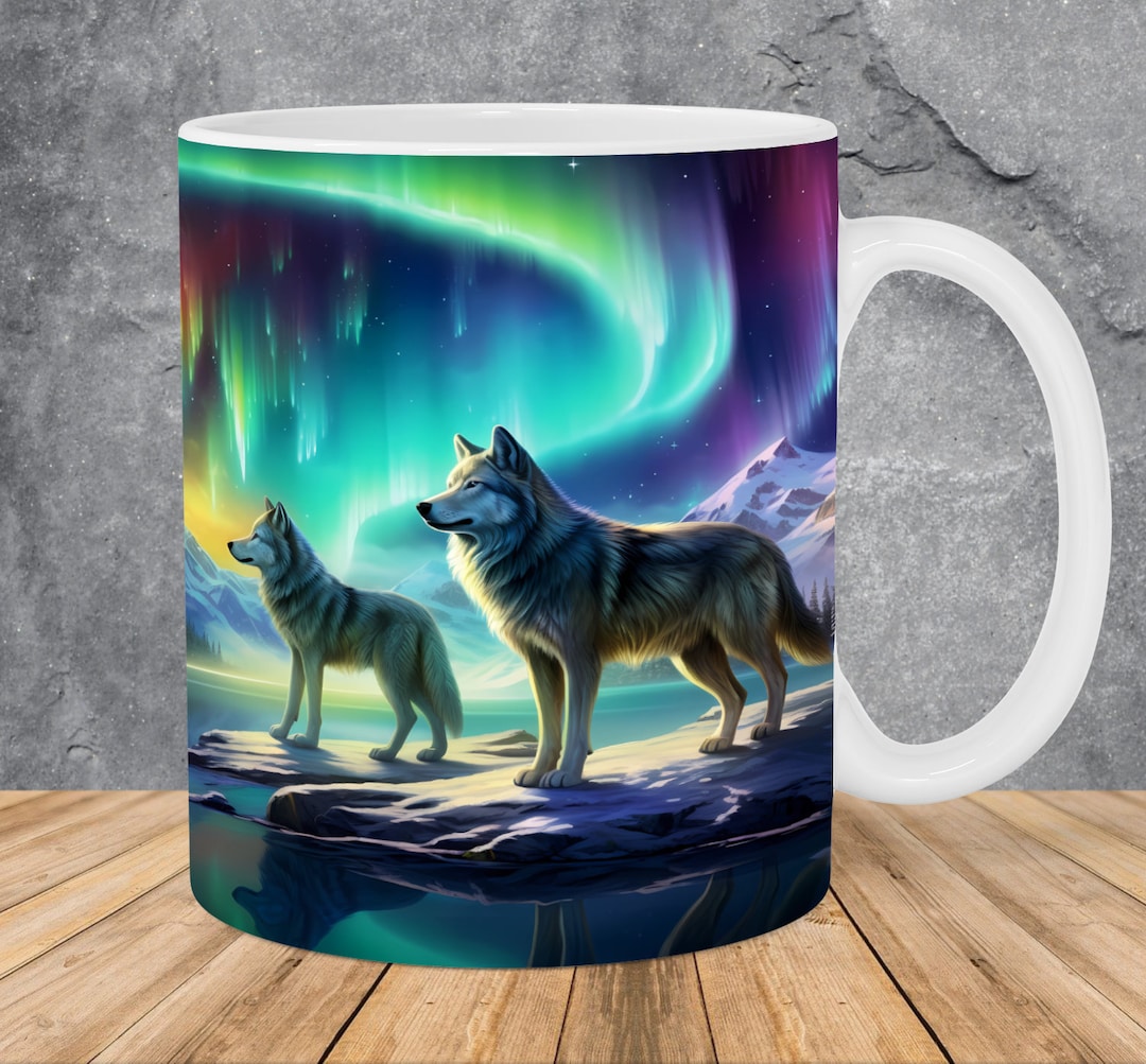 Wolves Northern Lights Landscape Mug Wrap 11oz & 15oz Mug Template, Mug ...