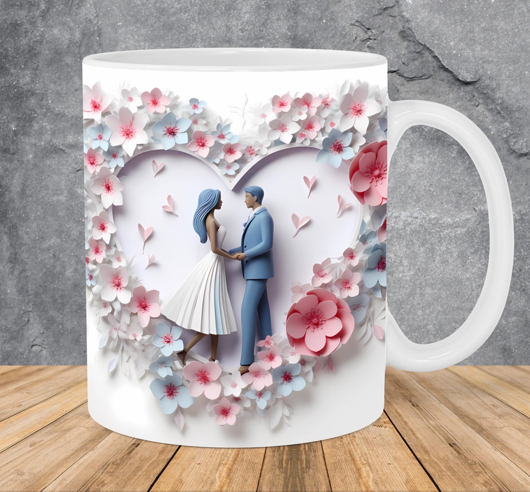 3D Wedding Couple Love Heart Flower Mug Wrap 11oz & 15oz Mug Template ...