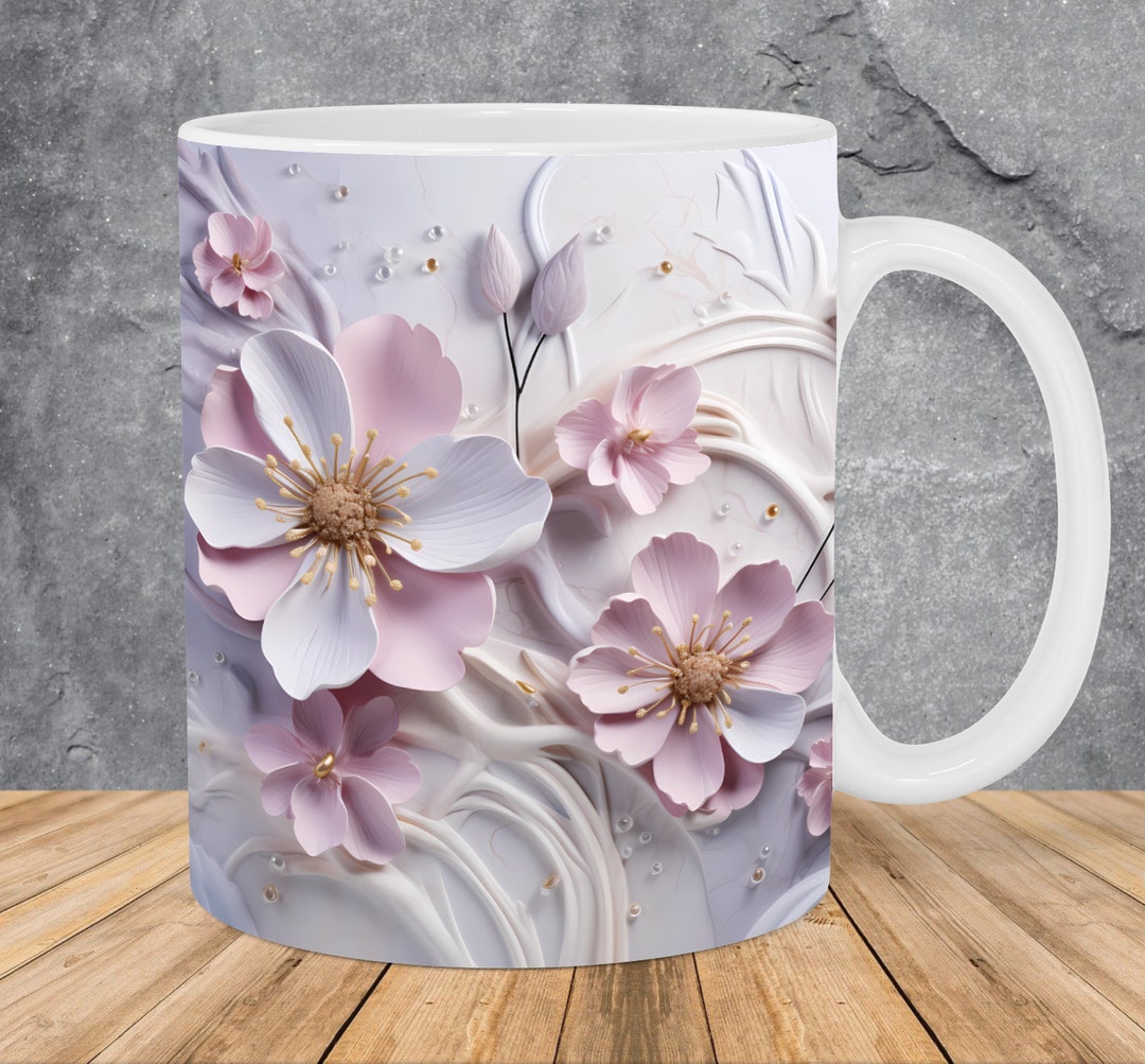 3D Pastel Colors Flowers Mug Wrap 11oz & 15oz Mug Template, 3D Flower ...