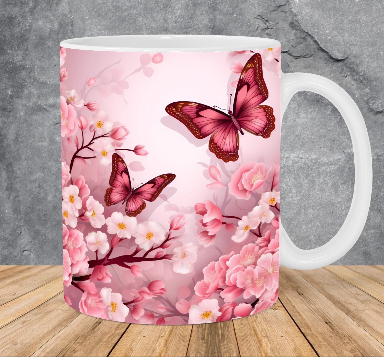 Pink Butterflies Flowers Mug Wrap 11oz & 15oz Mug Template, Blossom Mug ...