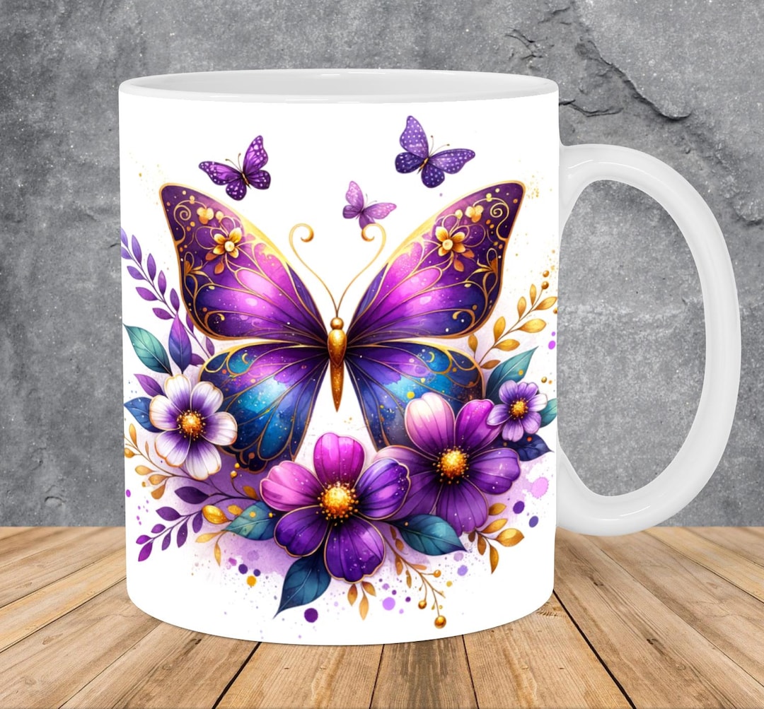 Glitter Purple Butterflies Flowers Mug Wrap 11oz & 15oz Mug Template ...