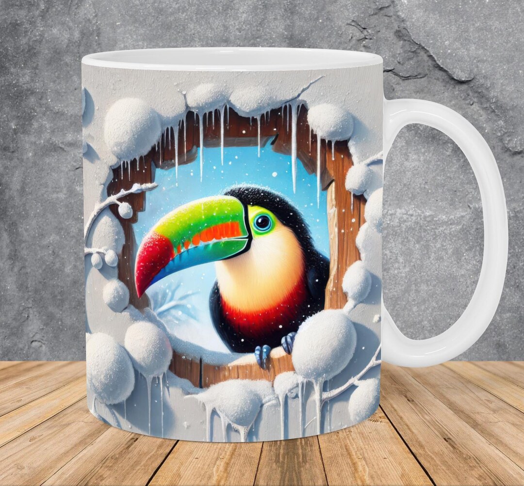 3D Toucan Hole in A Wall Mug Wrap 11oz & 15oz Mug Template, Winter Mug ...