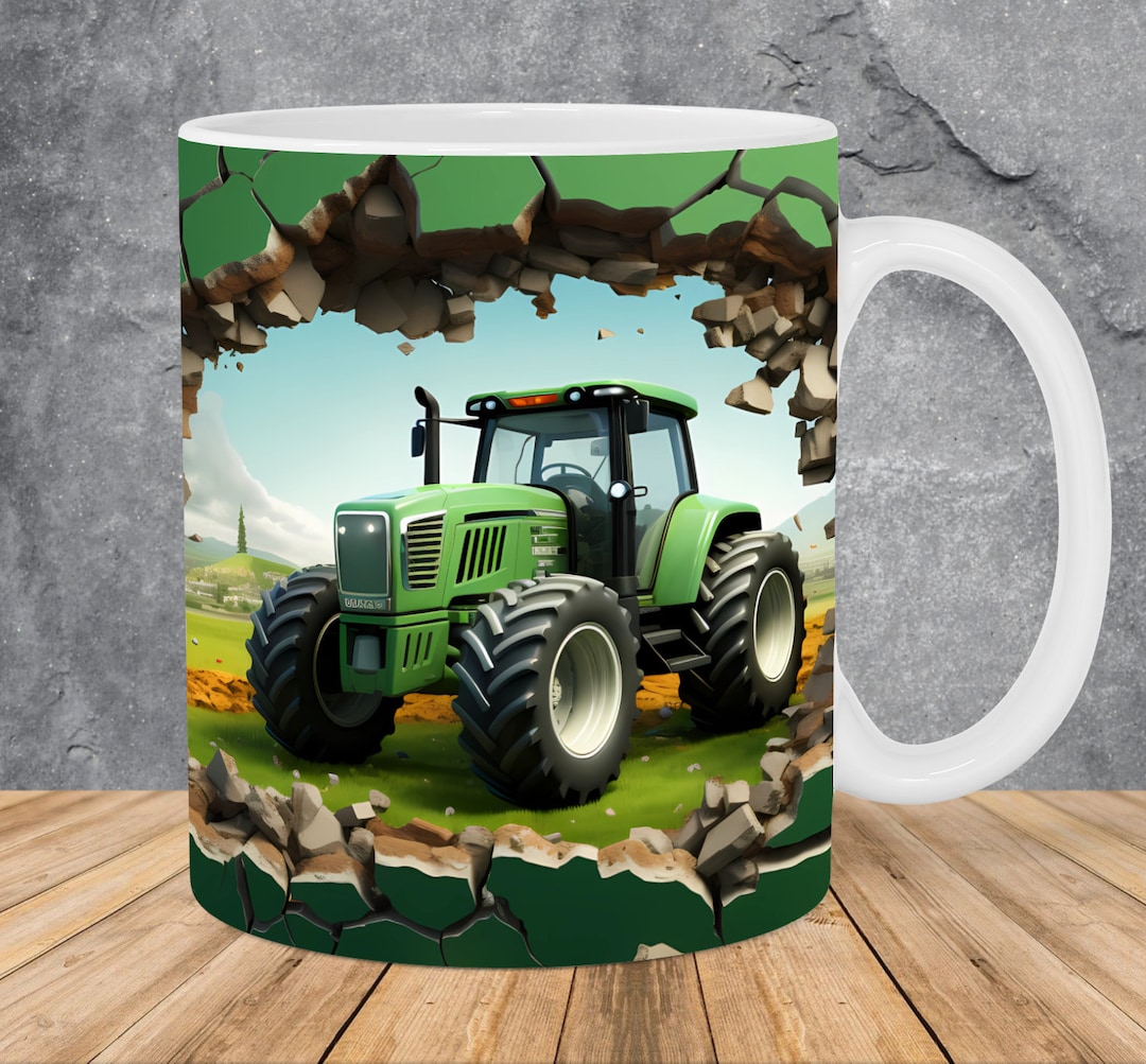 3D Green Tractor Hole in A Wall Mug Wrap 11oz & 15oz Mug Template, 3D ...
