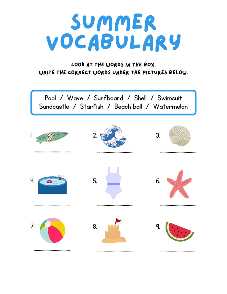 Printable Summer Notebook Grammar and Vocabulary Related to Summer 10 ...