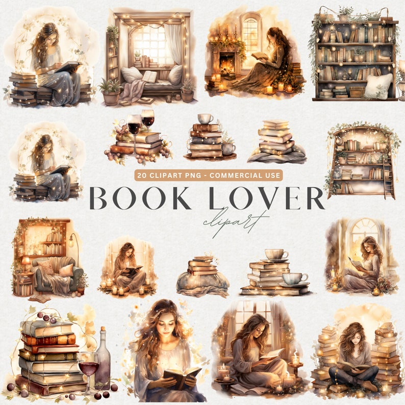 Watercolor Book Lover Clipart, 20 Watercolor Books Illustrations, Book ...