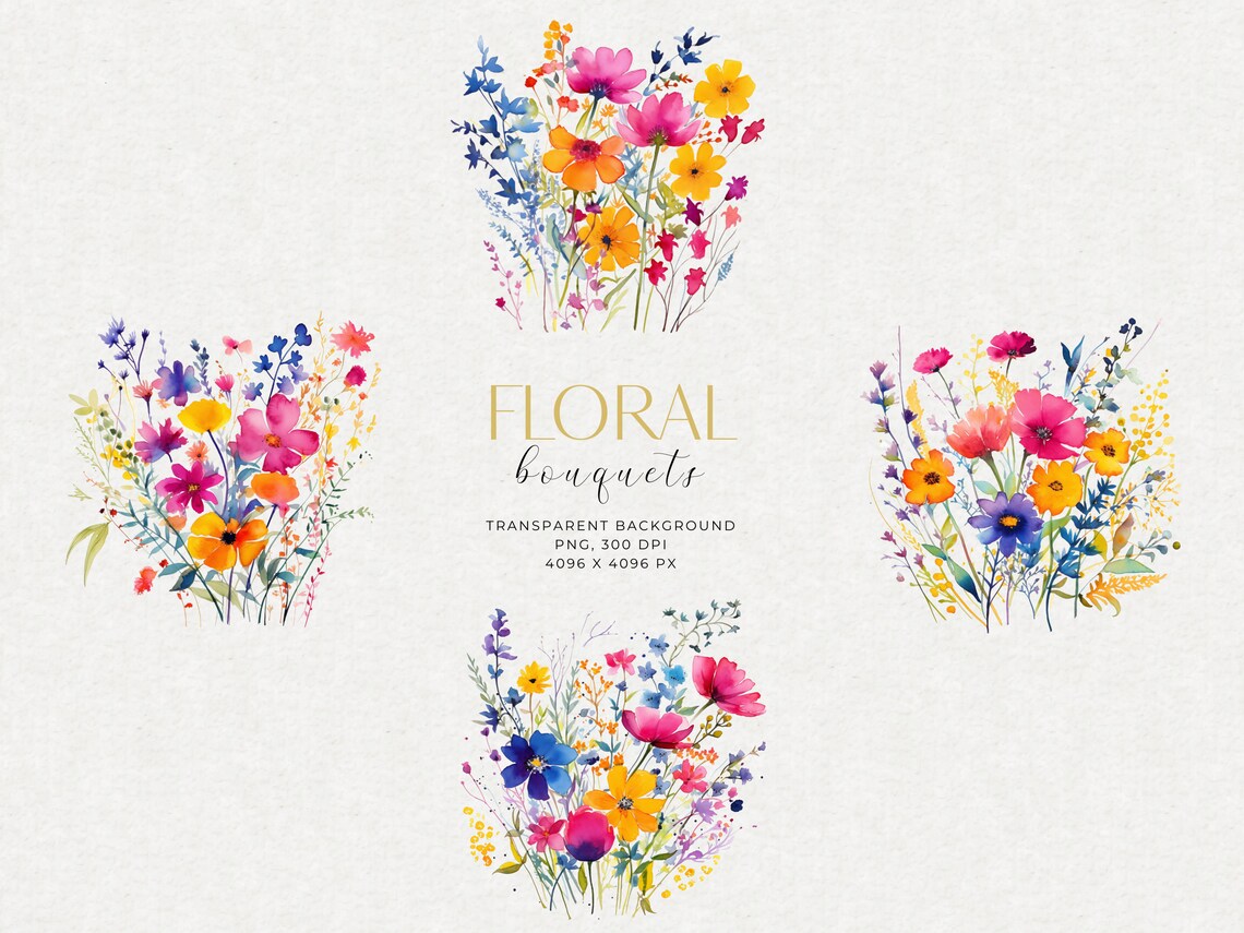 Meadow Watercolor Flower Clipart, Floral Clipart, Wildflowers Floral ...