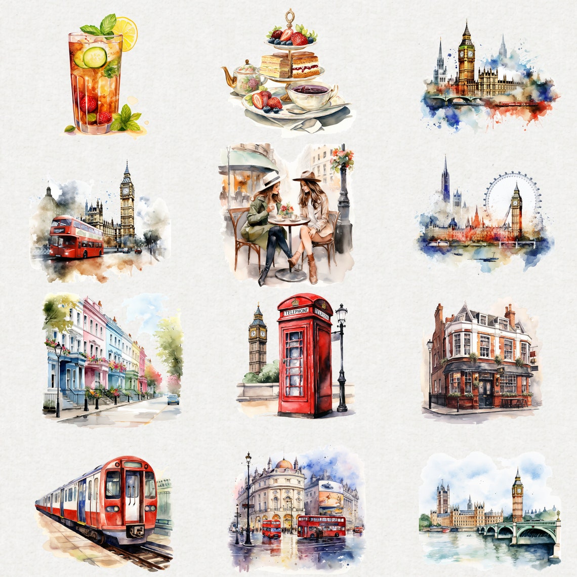 Watercolor London Clipart, 66 Watercolor London Illustrations, Travel ...
