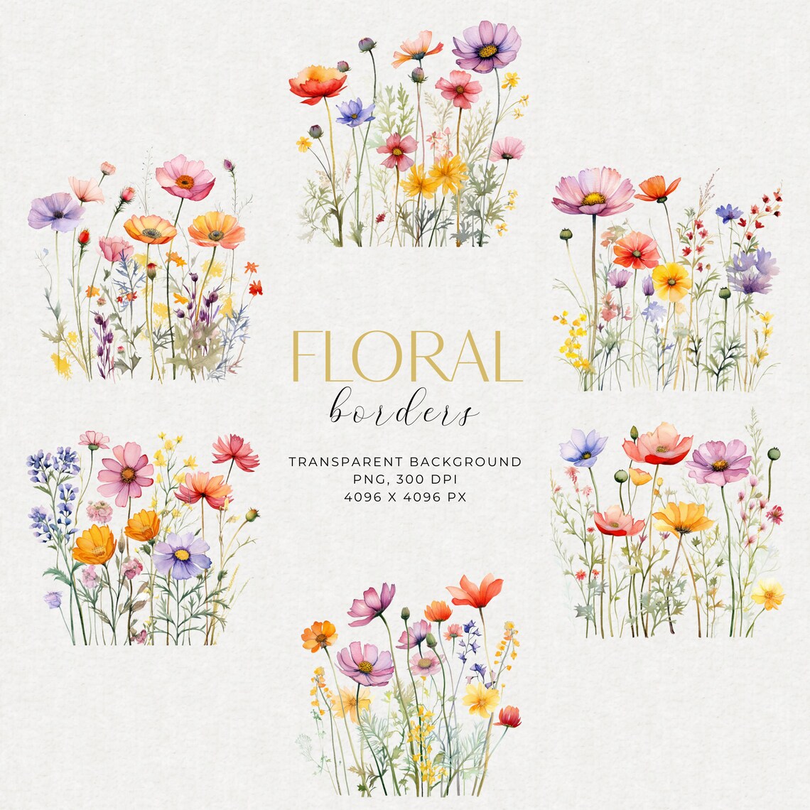 Meadow Watercolor Flower Clipart, Floral Clipart, Wildflowers Floral ...