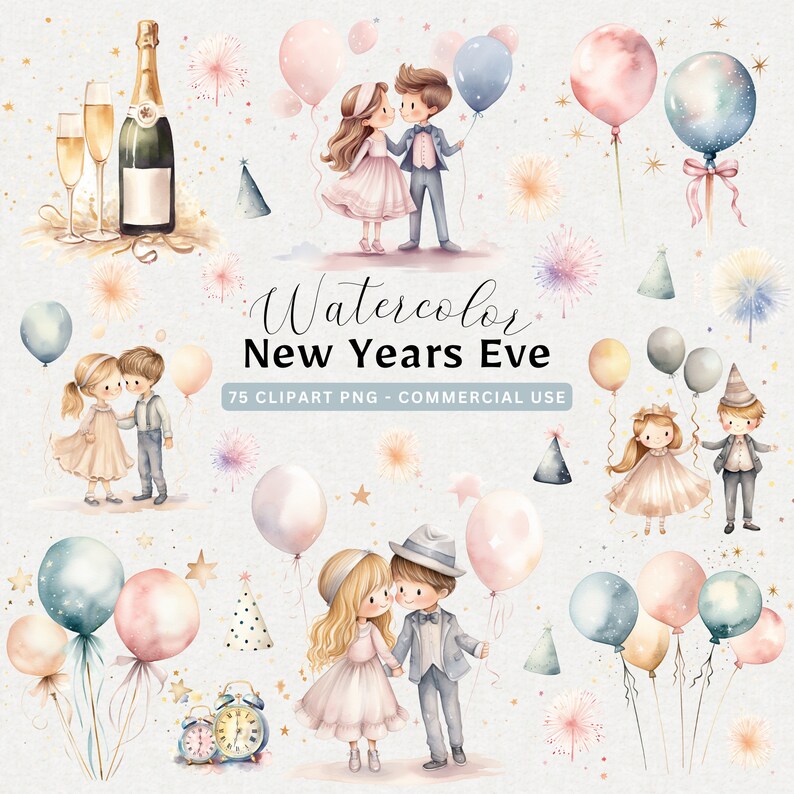 Watercolor New Year's Eve Clipart, New Year's Clipart, 75 Watercolor ...
