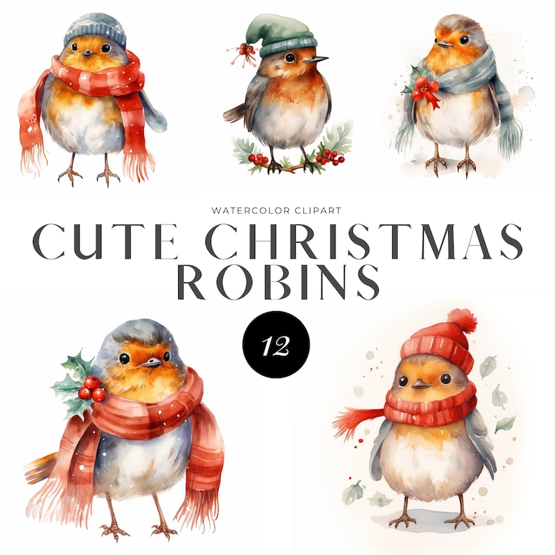 12 Christmas Robin Clipart, Printable Watercolor Clipart, Wall Art ...