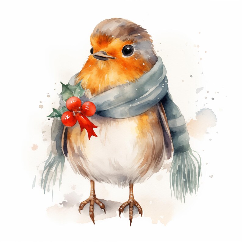 12 Christmas Robin Clipart, Printable Watercolor Clipart, Wall Art ...