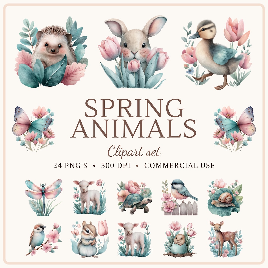 Spring Animals Clipart Bundle, Cute Garden Animals PNG, Bunny Duck ...
