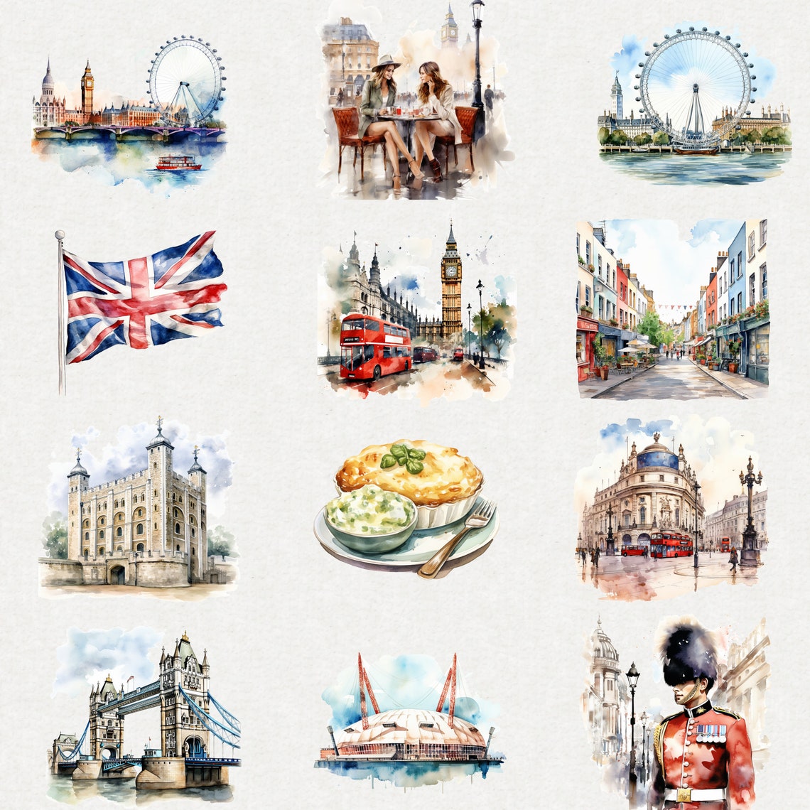 Watercolor London Clipart, 66 Watercolor London Illustrations, Travel ...