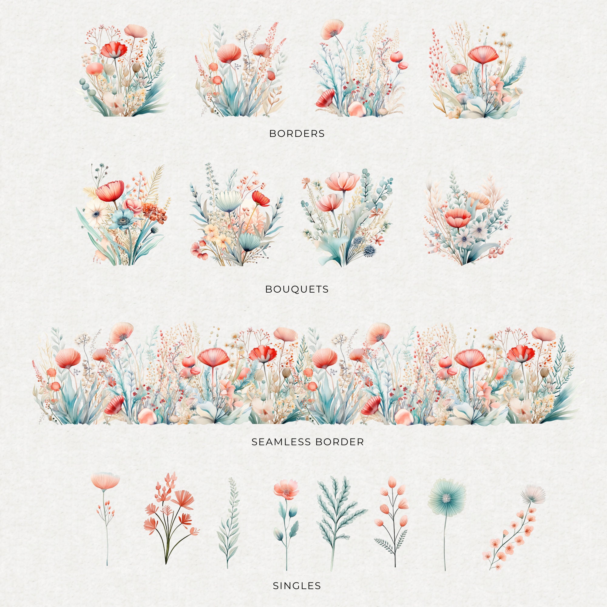 Meadow Watercolor Flower Clipart, Floral Clipart, Wildflowers Floral ...