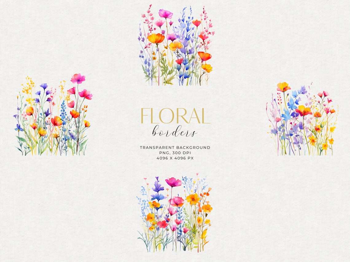 Meadow Watercolor Flower Clipart, Floral Clipart, Wildflowers Floral ...