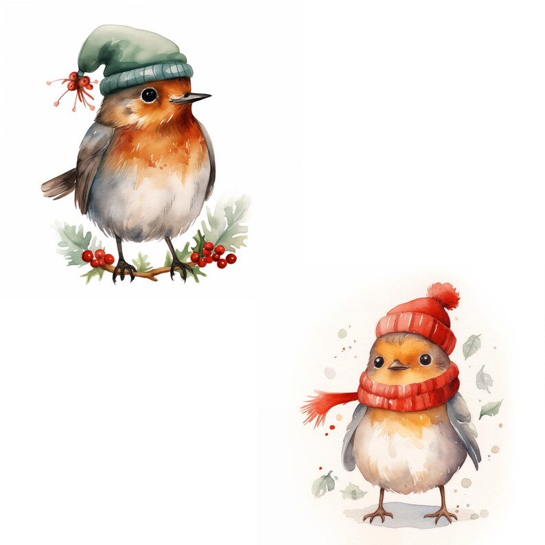 12 Christmas Robin Clipart, Printable Watercolor Clipart, Wall Art ...