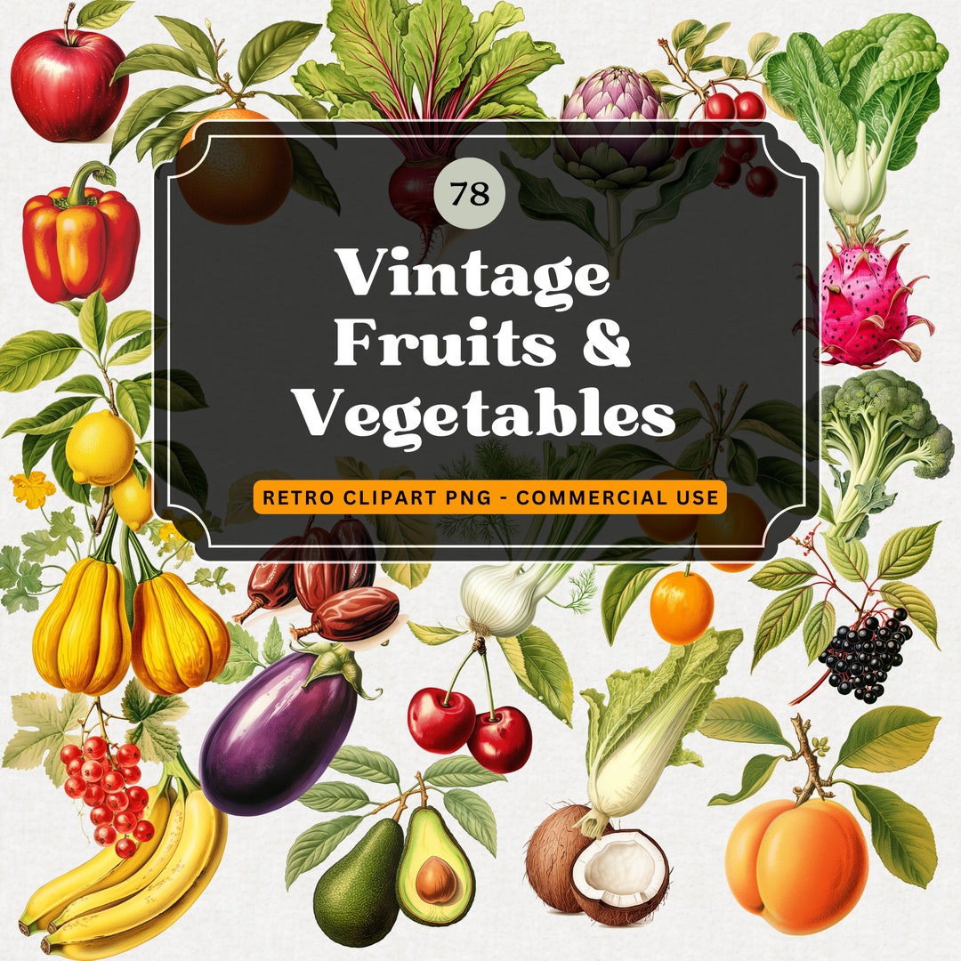 78 Vintage Fruits & Vegetables Clipart, Retro Fruits and Vegetables ...