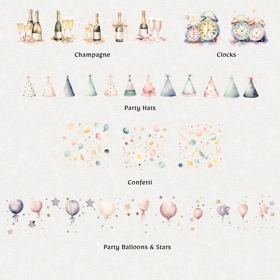 Watercolor New Year's Eve Clipart, New Year's Clipart, 75 Watercolor ...