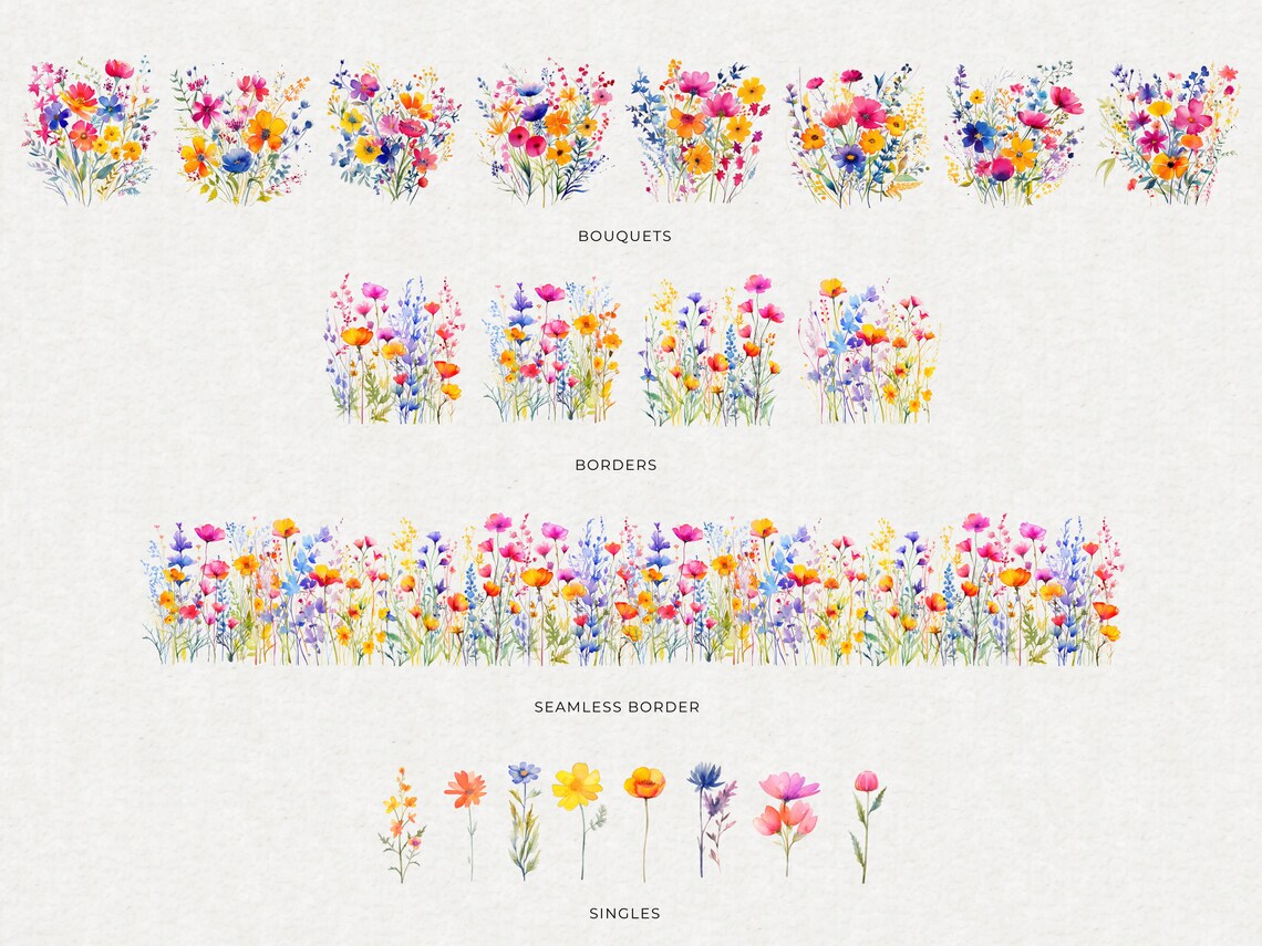 Meadow Watercolor Flower Clipart, Floral Clipart, Wildflowers Floral ...