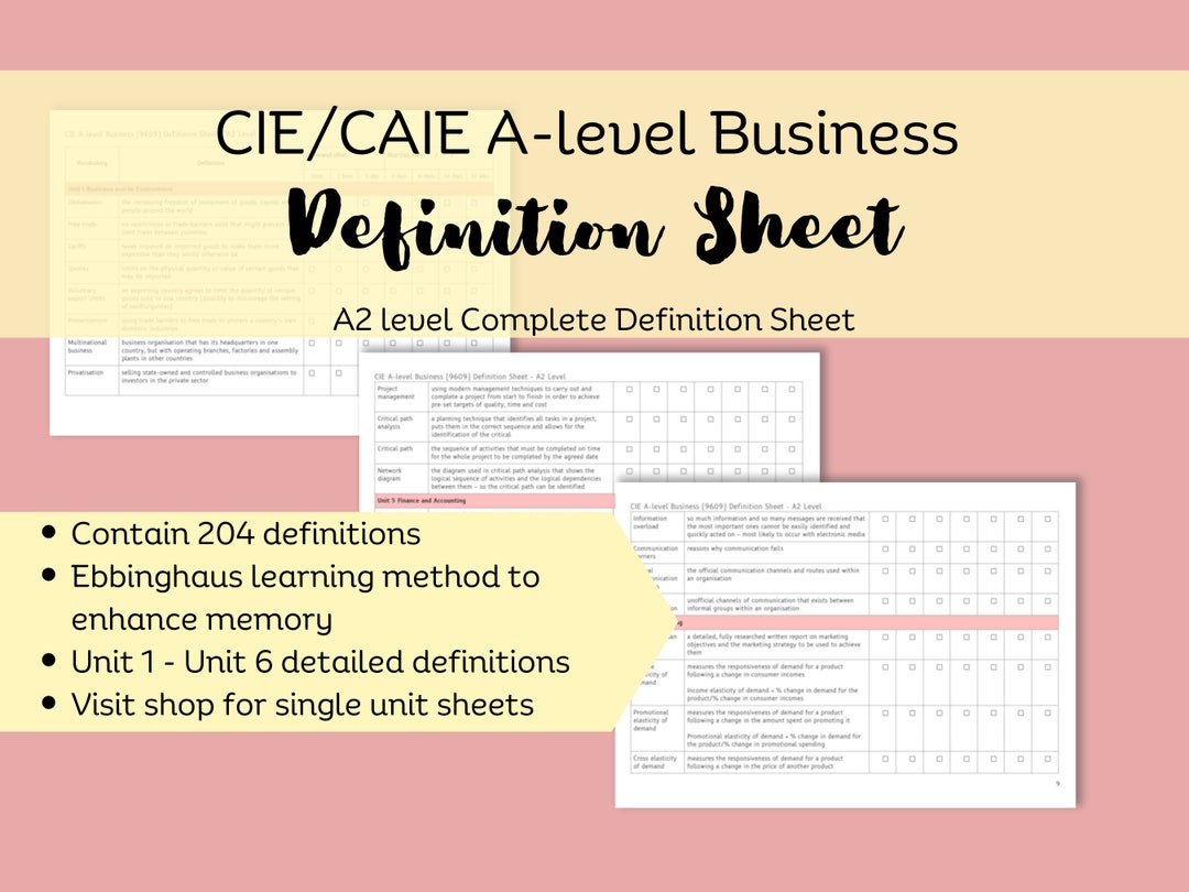 CIE/CAIE A-level Business Study Notes Template Complete Definition ...