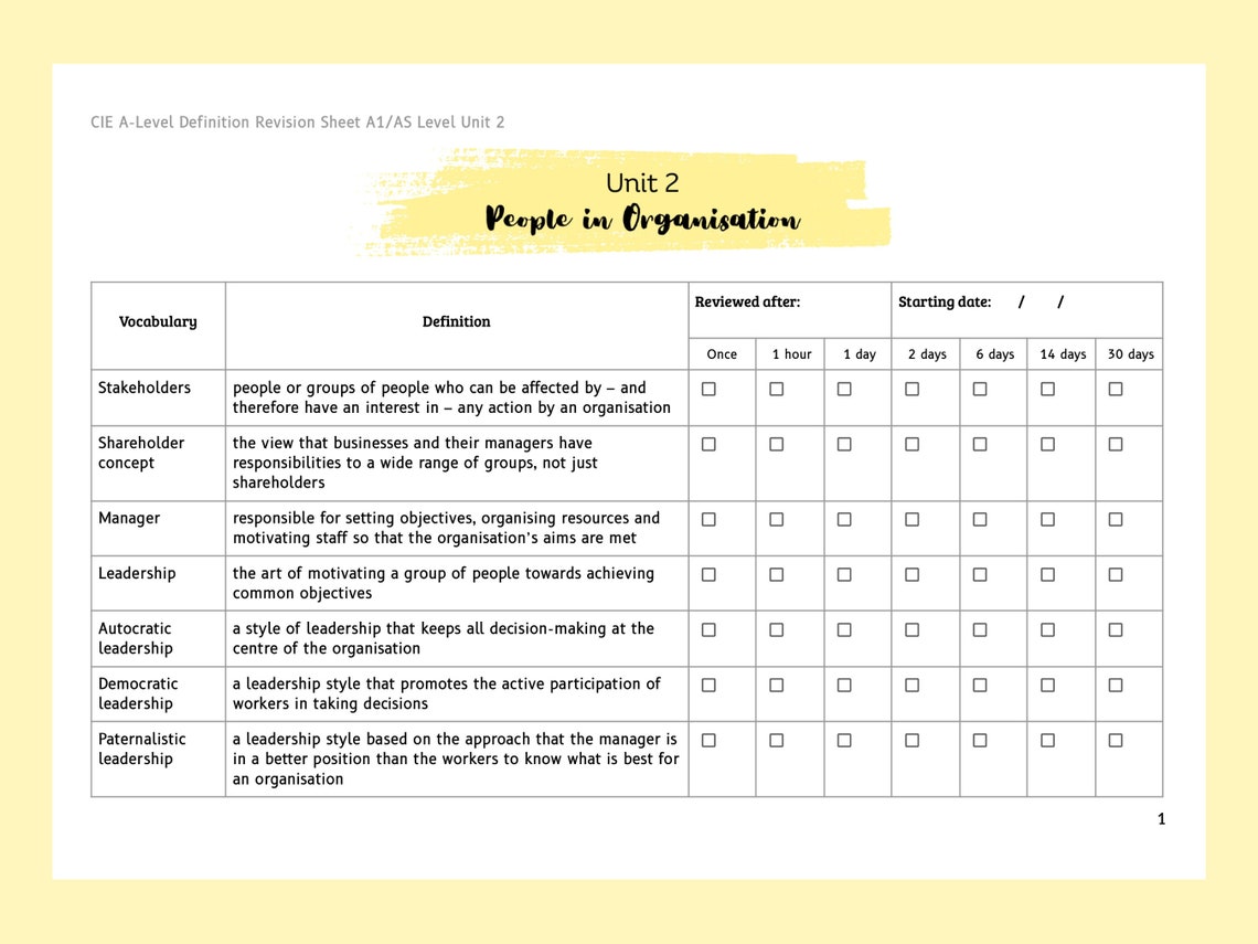 CIE/CAIE A-level Business Study Notes Template Complete Definition ...