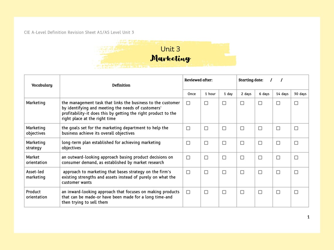 CIE/CAIE A-level Business Study Notes Template Complete Definition ...
