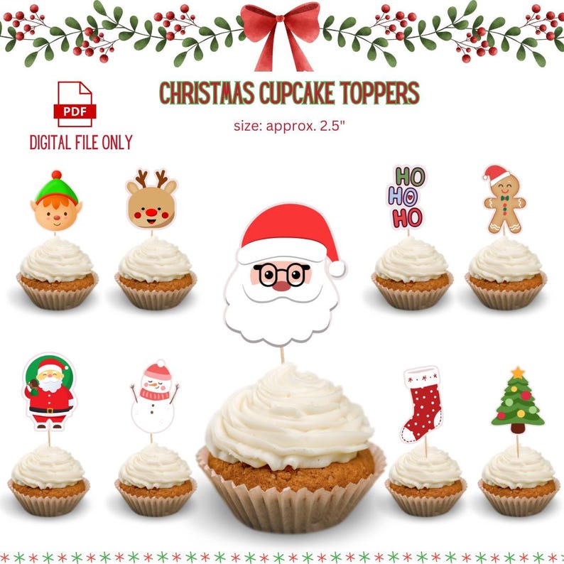 Printable Christmas Cupcake Toppers Png, Cupcake Decorations, Santa ...