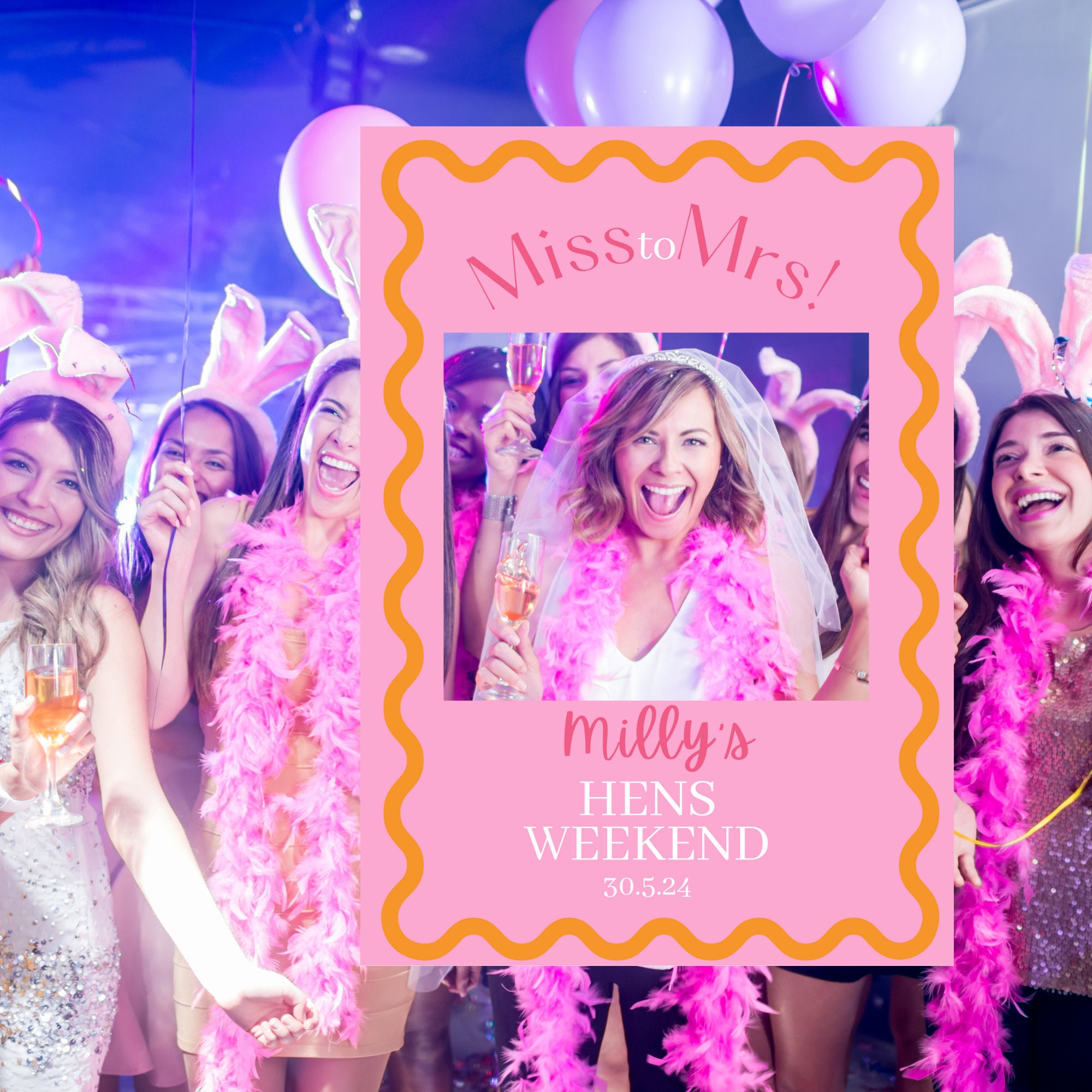 Swirl Bachelorette Party Selfie Photo Sign - Pink & Orange Hens Digital ...