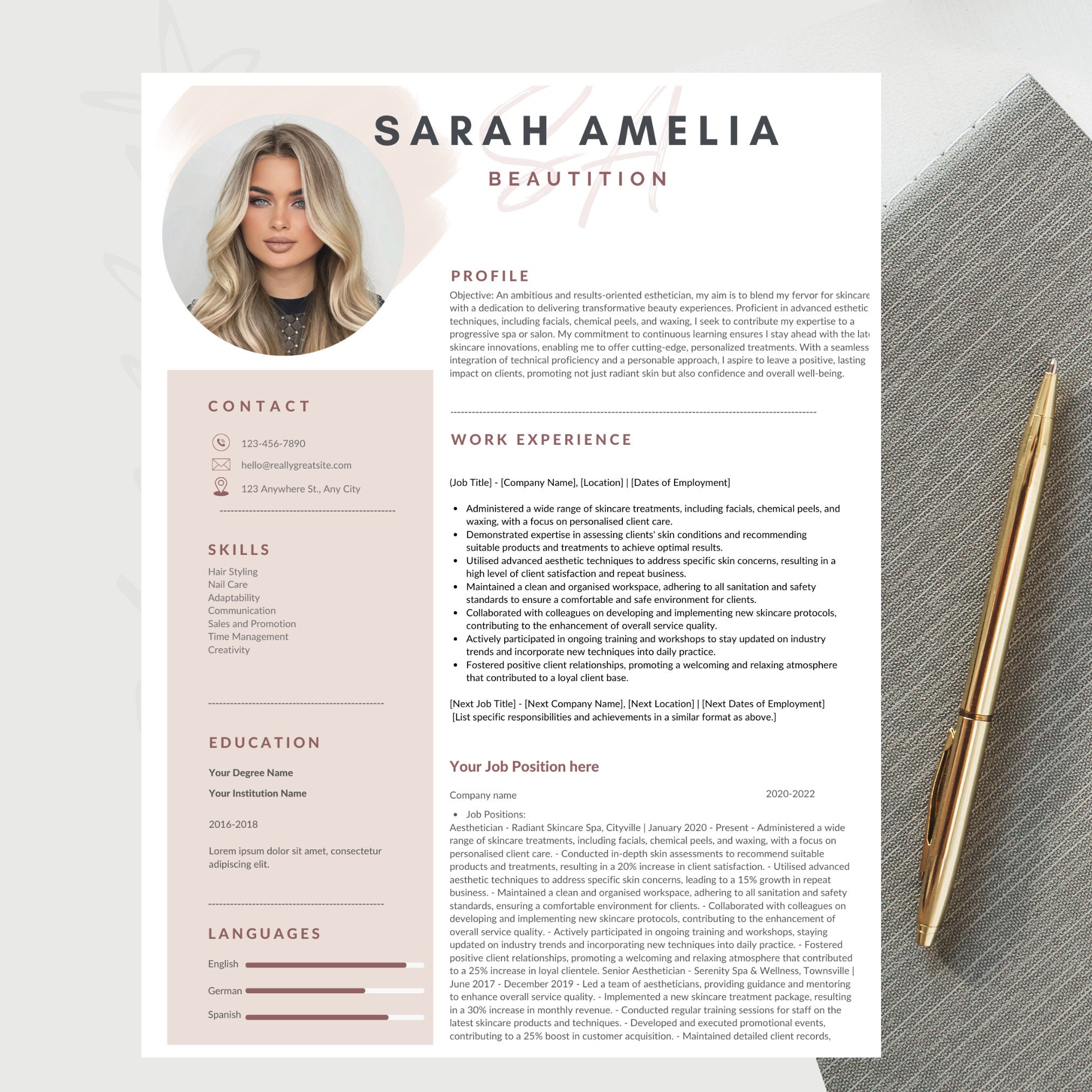Esthetician Beauty CV, Modern Resume, Stylist & Makeup Artist Template ...