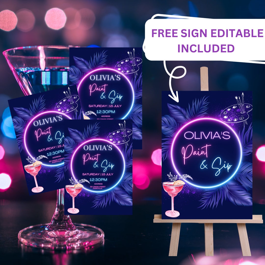 Sip N' Paint Art Party - Digital Invite, Free Welcome Sign - Etsy