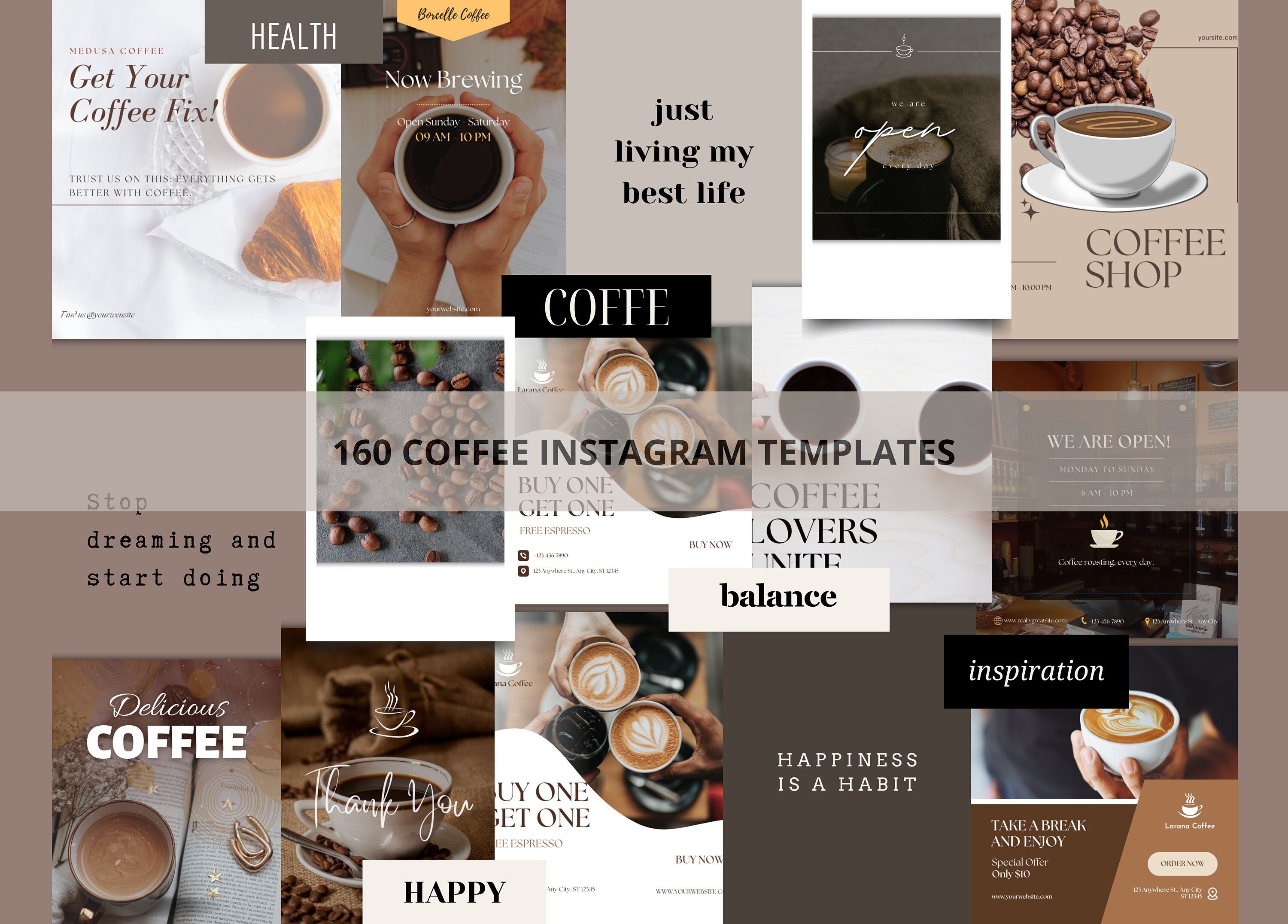 160 Coffee Instagram Posts Café Business Social Media Template Ready to ...