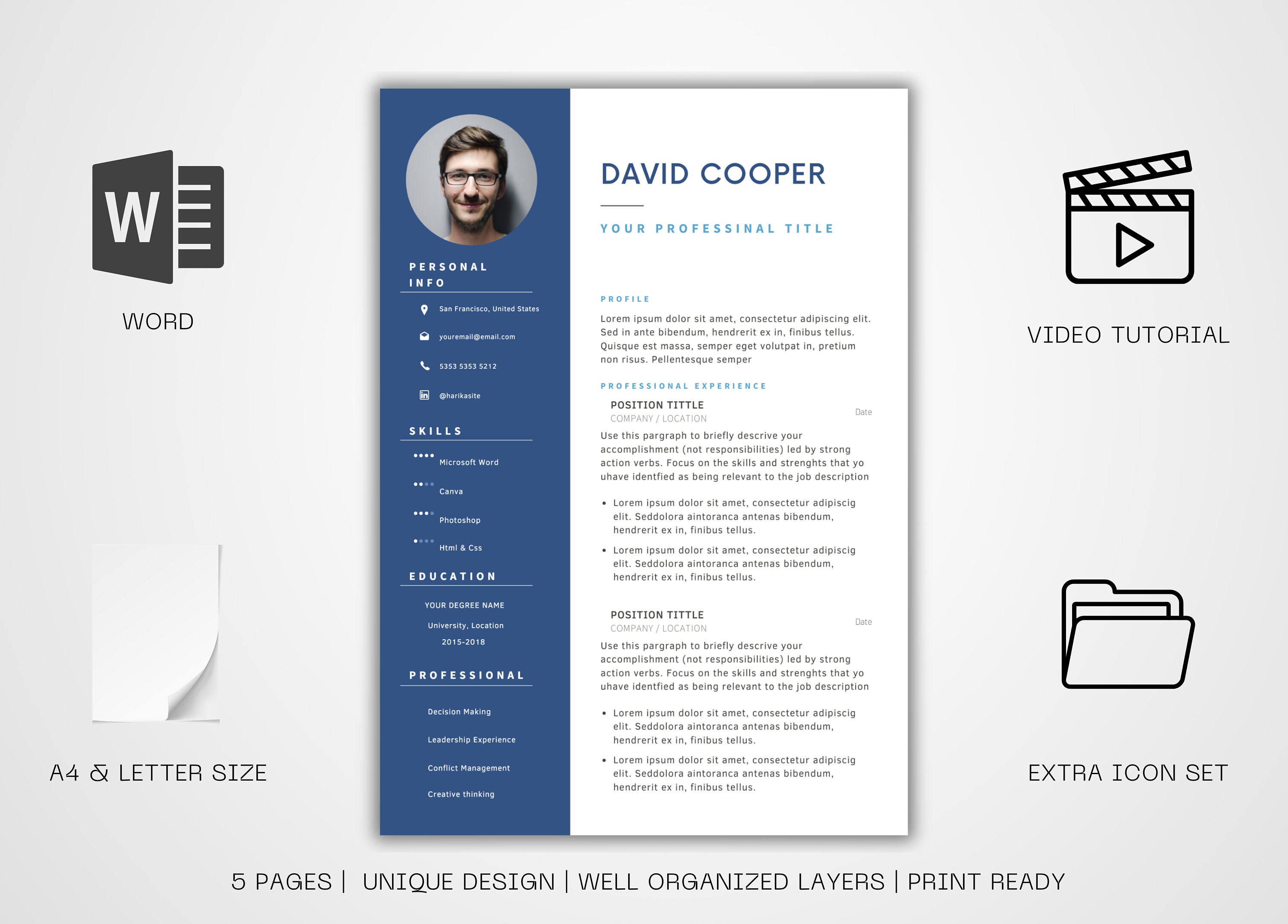 Resume Template, Professional Modern 5 Page Resume Template for Word ...