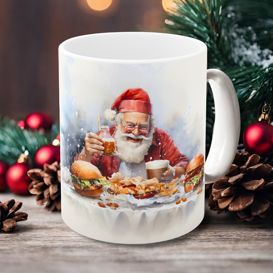 Santa Claus Eating Burgers Mug Santa Claus Mug, Fun Mug, Christmas Mug ...