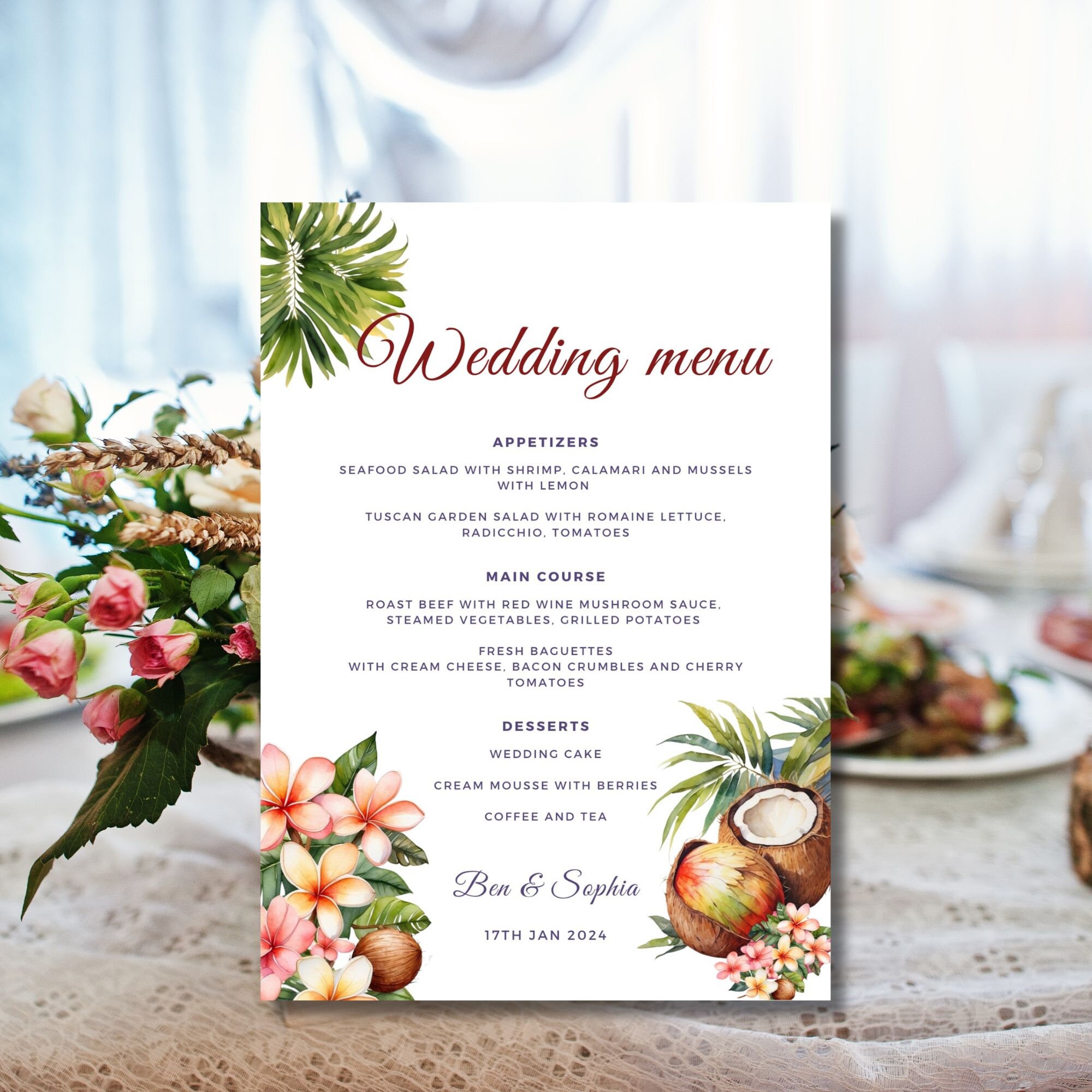 Tropical Beach Wedding Invitation Suite, Palm Tree Floral Design (canva ...