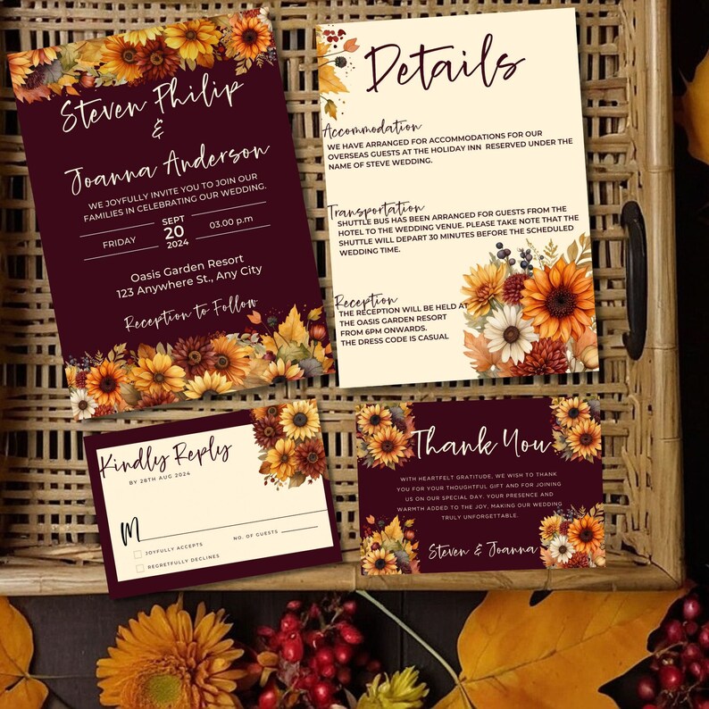 Rustic Fall Wedding Invitation Autumn Wedding Invitation Template Set ...