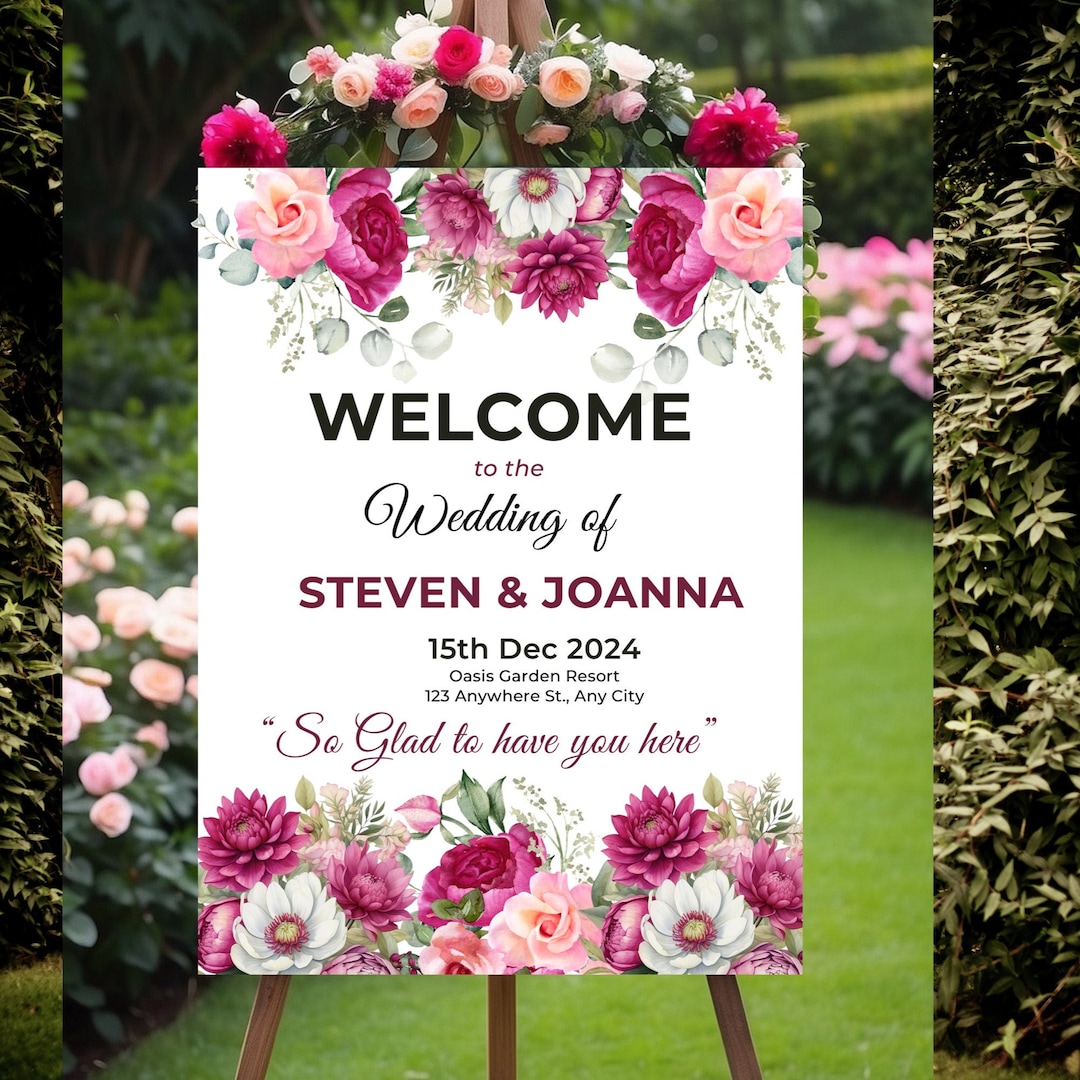 Floral Wedding Welcome Sign: Hot Pink, Blush, Fuchsia (printable) - Etsy