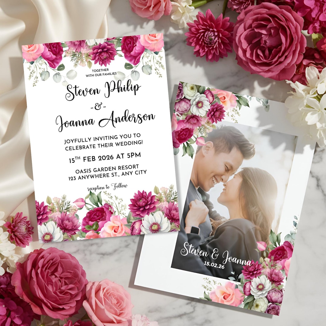 Pink Floral Wedding Invitation Suite: Garden Theme (digital Template ...