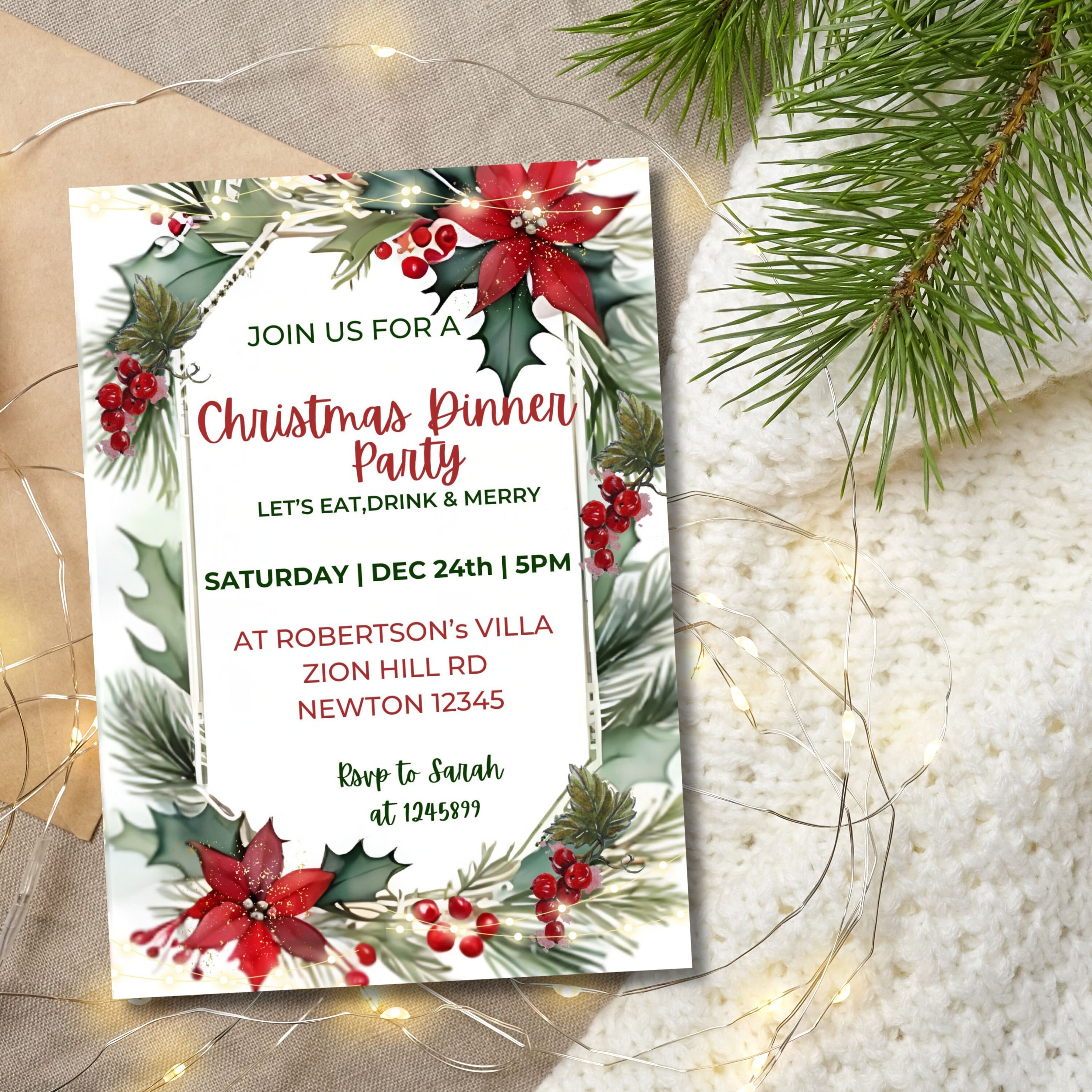 Christmas Dinner Party Invitation Template,christmas Dinner Invitation ...