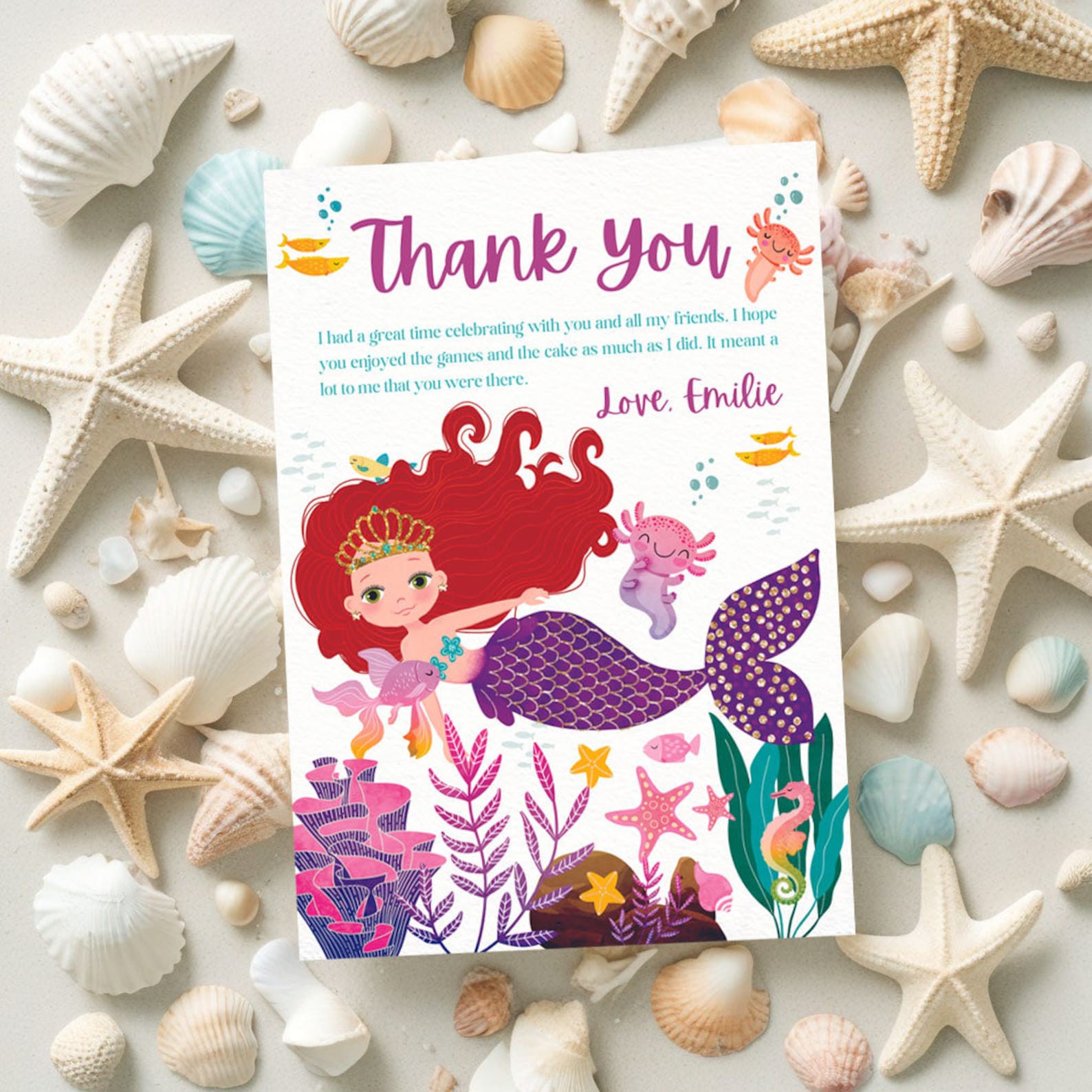 Editable Mermaid Birthday Thank You Card Mermaid Thank You Note Under ...