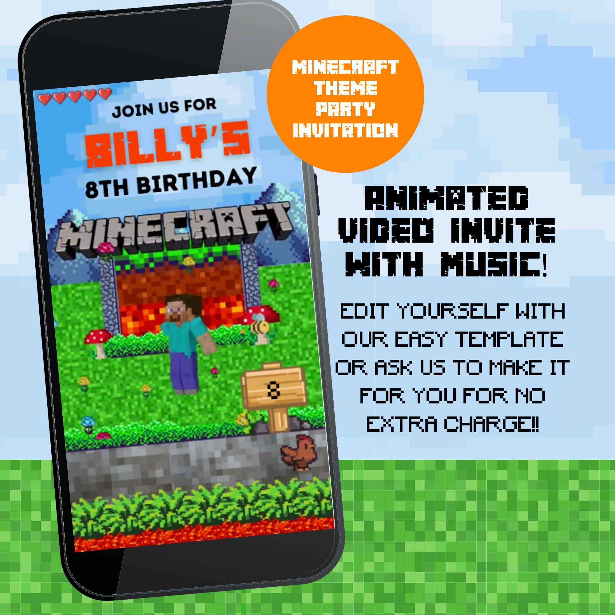Kids Party Invitation Invite, Birthday Invitation Minecraft Theme ...