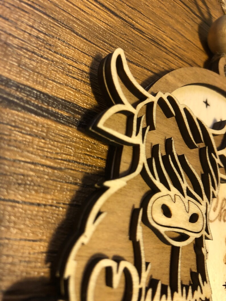 Laser Engraved and Cut Highland Cow Merry Christmas 2024 or Baby First ...