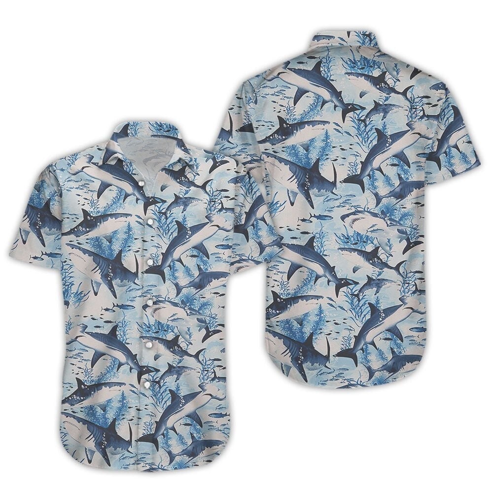 Shark Hawaiian Shirt - Blue Swimming Sharks Button Down Shirt sold by ...