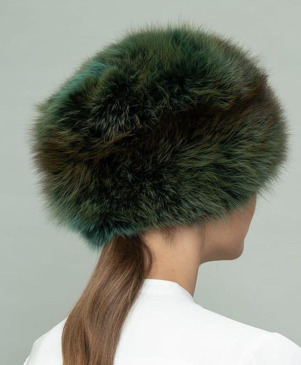 Dark Green Fox Fur Hat in Full Round Style - Etsy