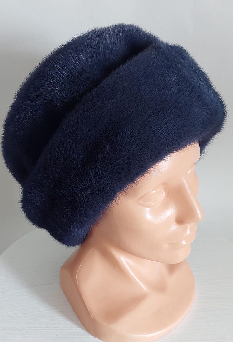 Royal Dark Blue Mink Fur Hat With Flat in Round Full Fur Style - Etsy